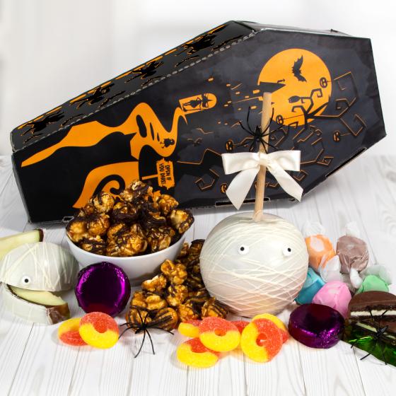 Halloween Treats with Spooky Dipped Caramel Apple in Gift Coffin Box ...