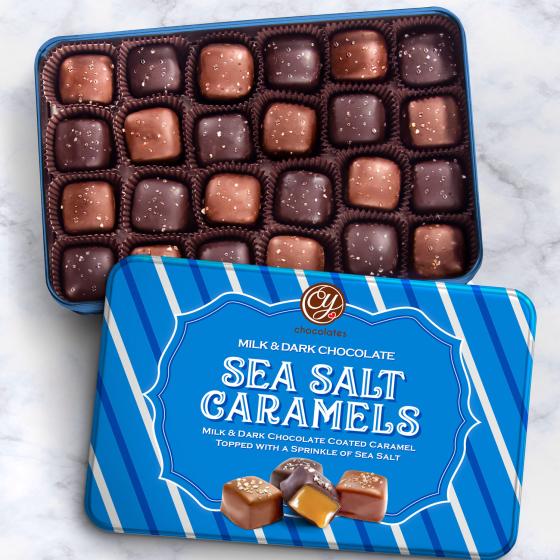 Milk & Dark Chocolate Sea Salt Caramels Gift Tin - CY2040 | A Gift Inside
